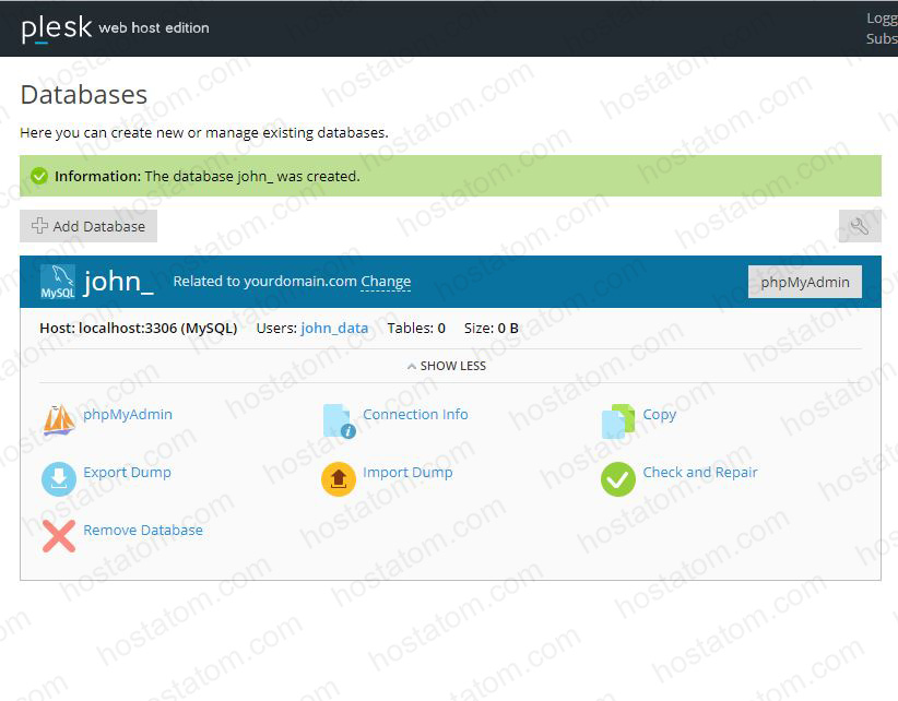 วิธีการสร้าง database ใน Plesk - HostAtom Knowledge Base