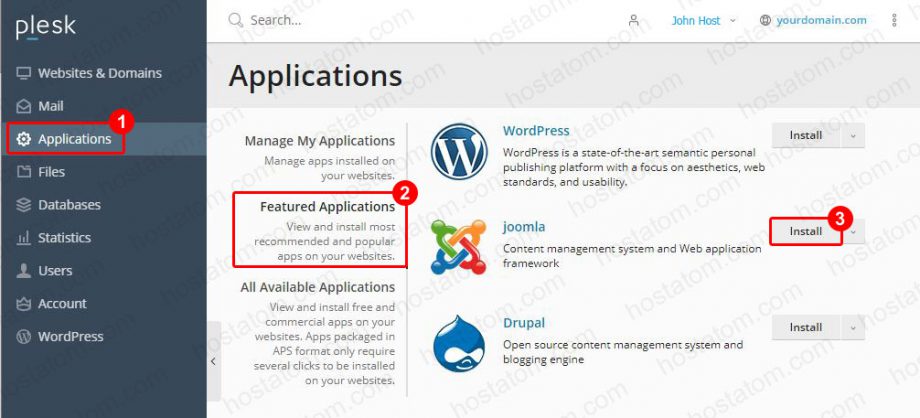 การติดตั้ง Joomla บน Plesk - hostatom Knowledge Base